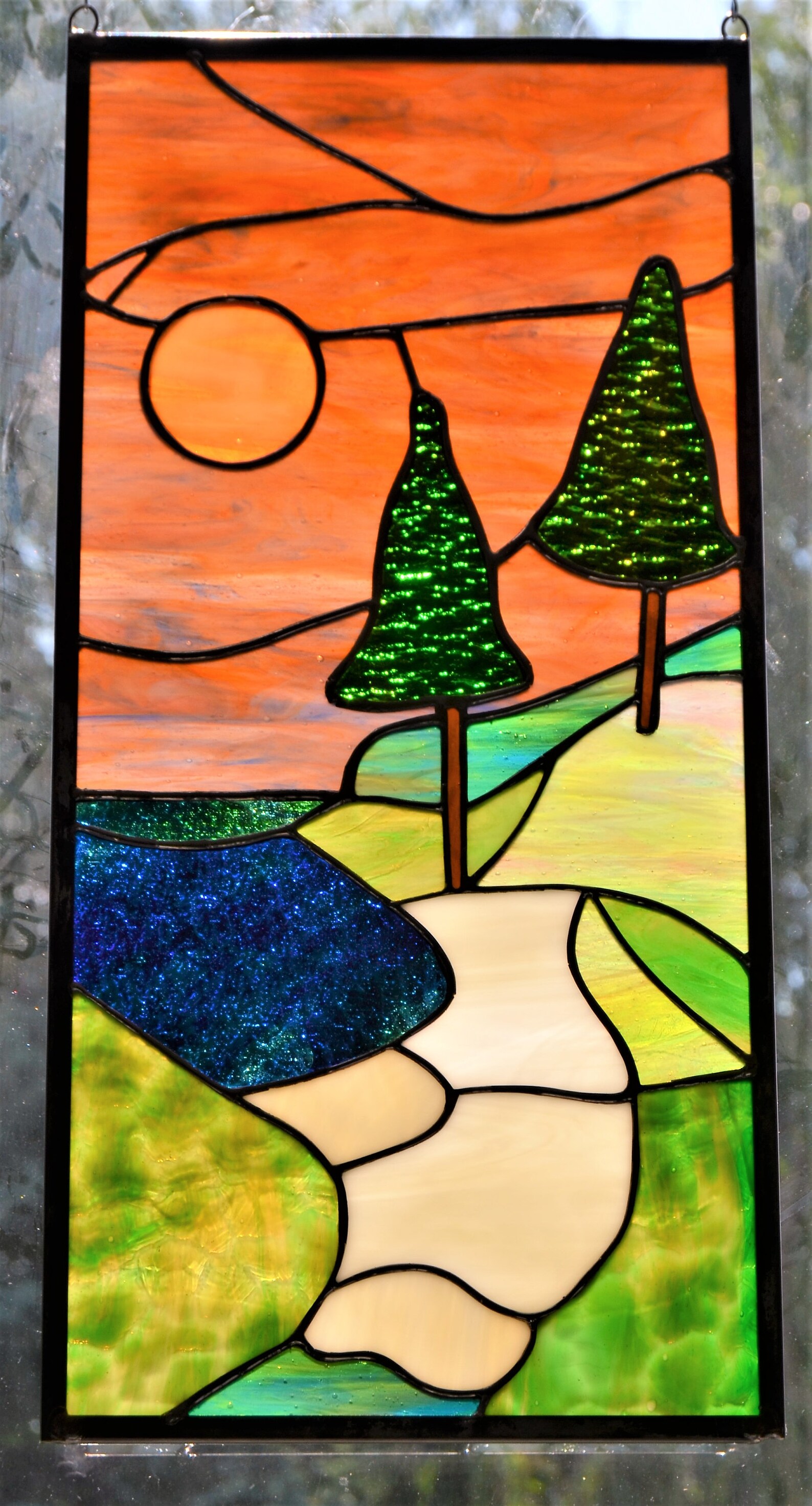 Whimsical stained glass panel of norfolk pines by ocean | Etsy