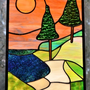 Whimsical Stained Glass Panel of Norfolk Pine Trees by the Ocean ...