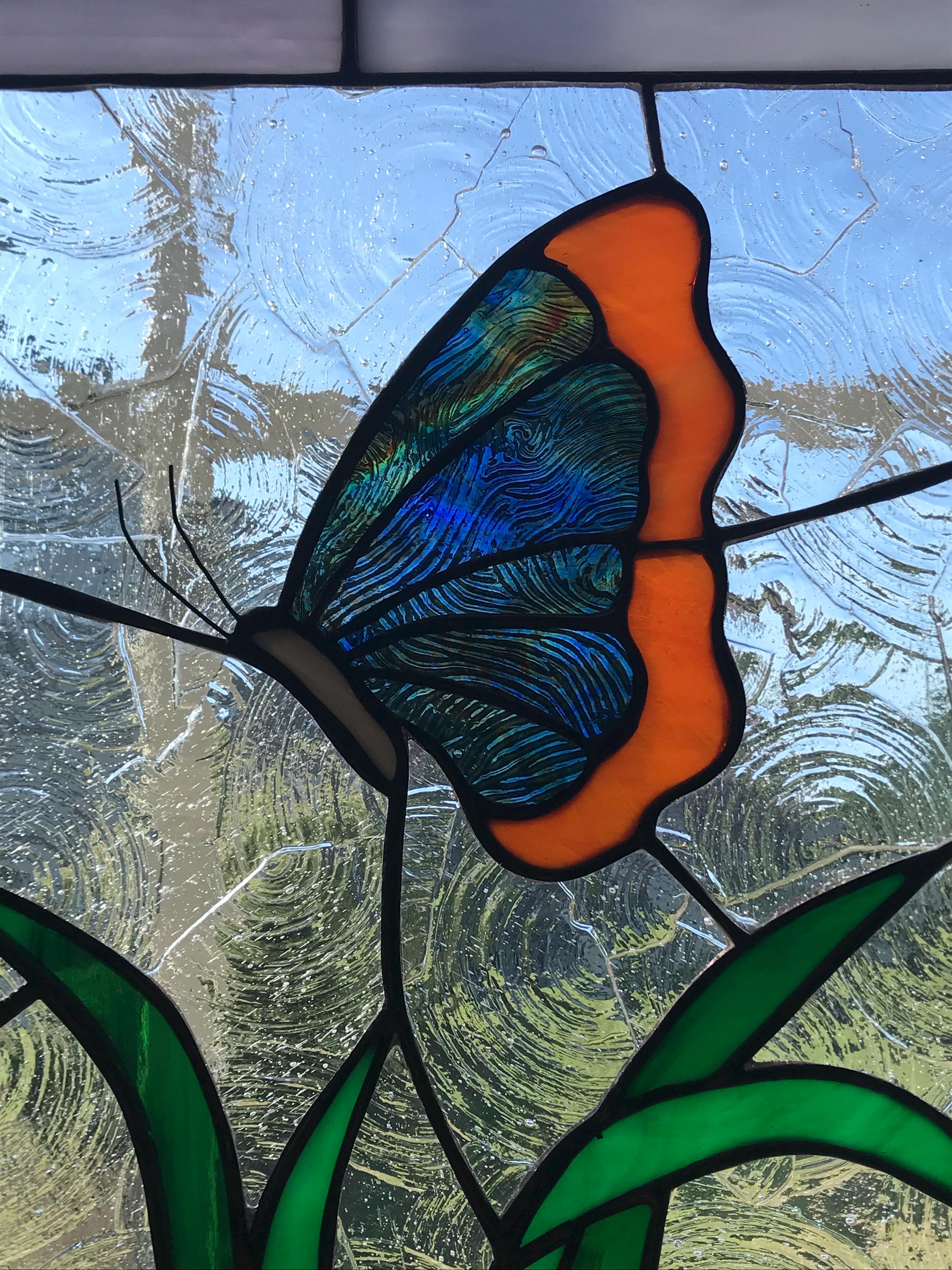 Stained Glass Pattern Butterfly Trio Above Grass, 24 X 11 Inches ...