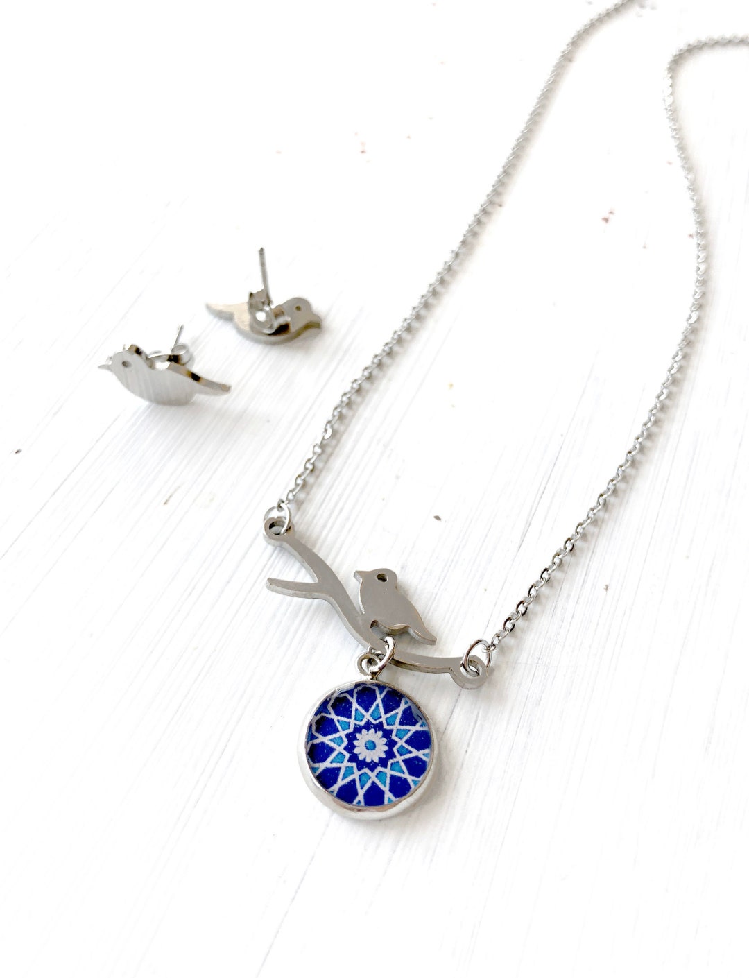 OLDUZ Persian Tile Necklace & Bird Earrings: Minimal Geometric Jewelry ...