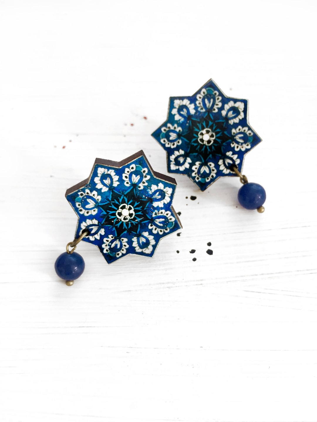 SETAREH Persian Tile Star Stud Earrings: Lightweight Wooden Boho ...