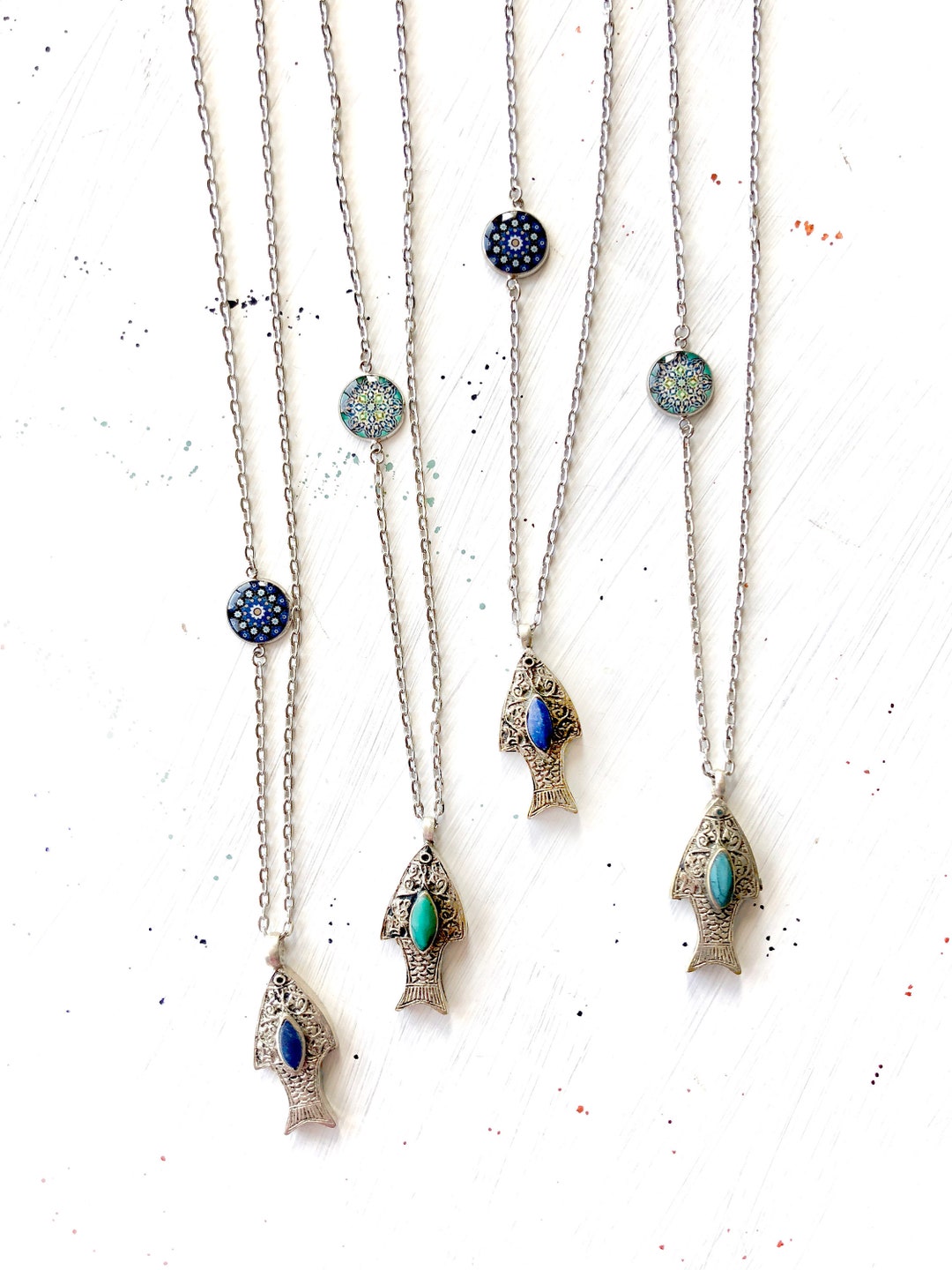 MAHI Vintage Persian Fish Charm Necklace: Antique Tile Bezel, Bohemian ...