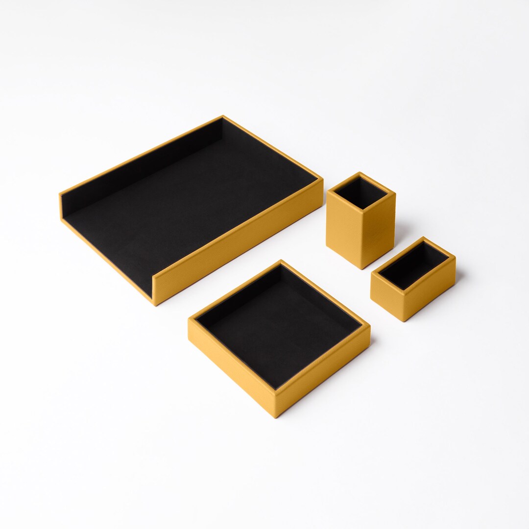 Desk Tidy Organiser Set Real Leather Yellow Office Set of 4 Pieces ...