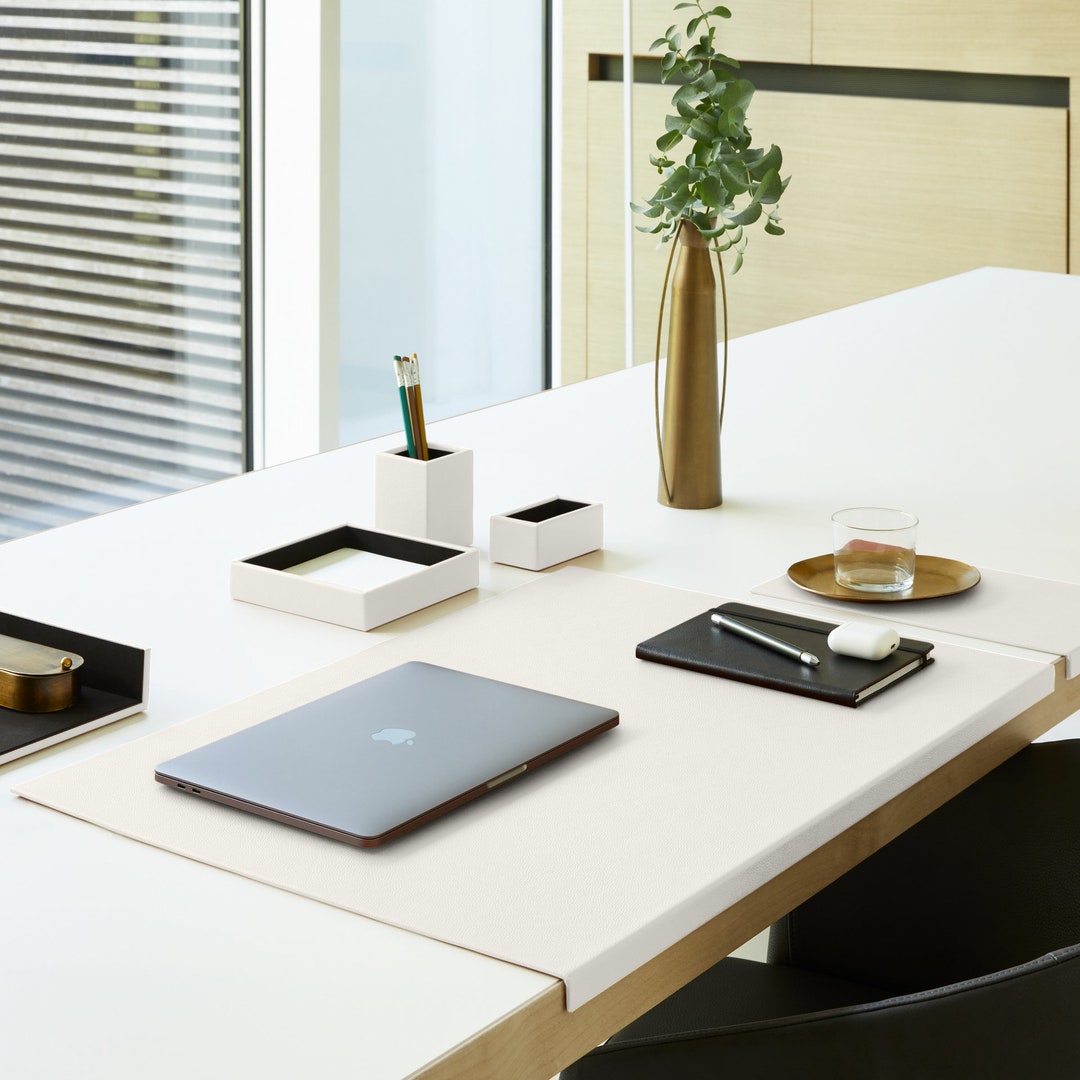 Real Leather Desk Mat White. Office Desk Pad, Steel Structure With L ...