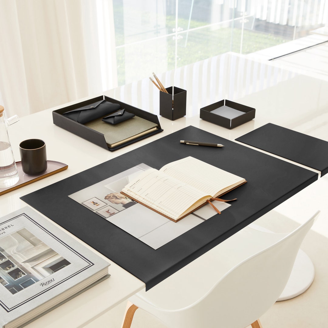 Office Desk Mat Made of Black Leather. Modern Design, Steel Structure ...