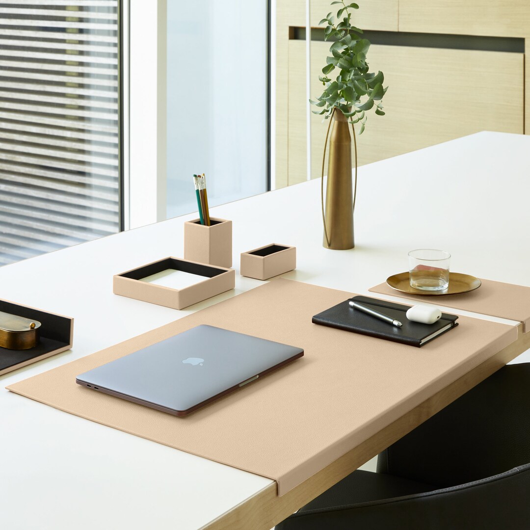 Real Leather Desk Mat Beige. Office Desk Pad, Steel Structure With L ...