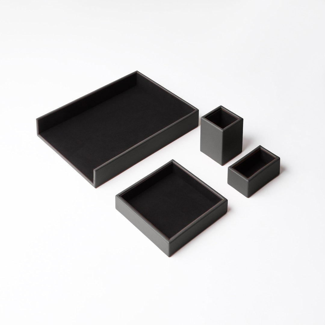 Desk Tidy Organiser Set Real Leather Anthracite Grey Office Set of 4 ...