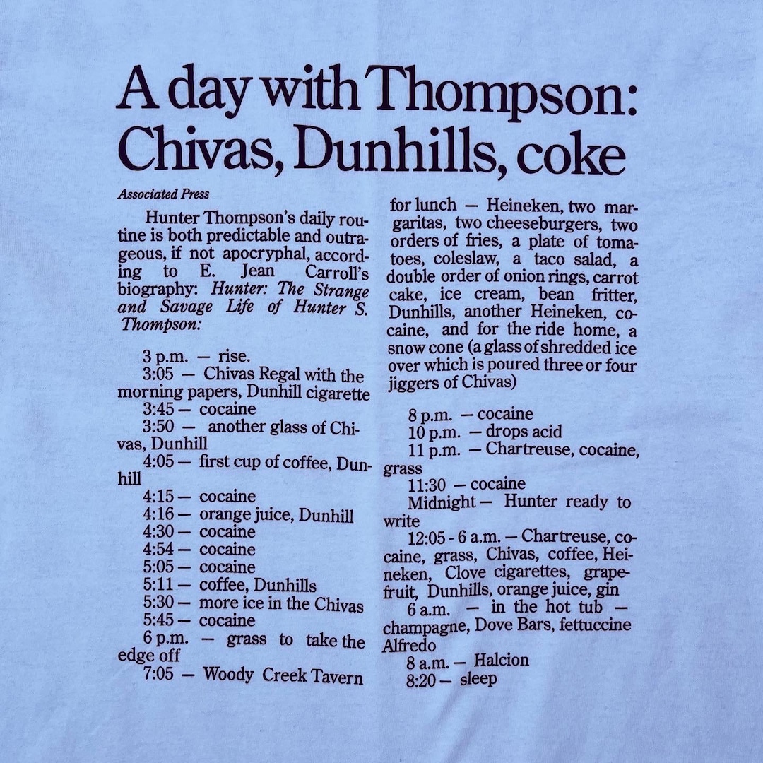 THOMPSON Tee Hunter S Thompson Daily Routine Gonzo Fear and Loathing ...