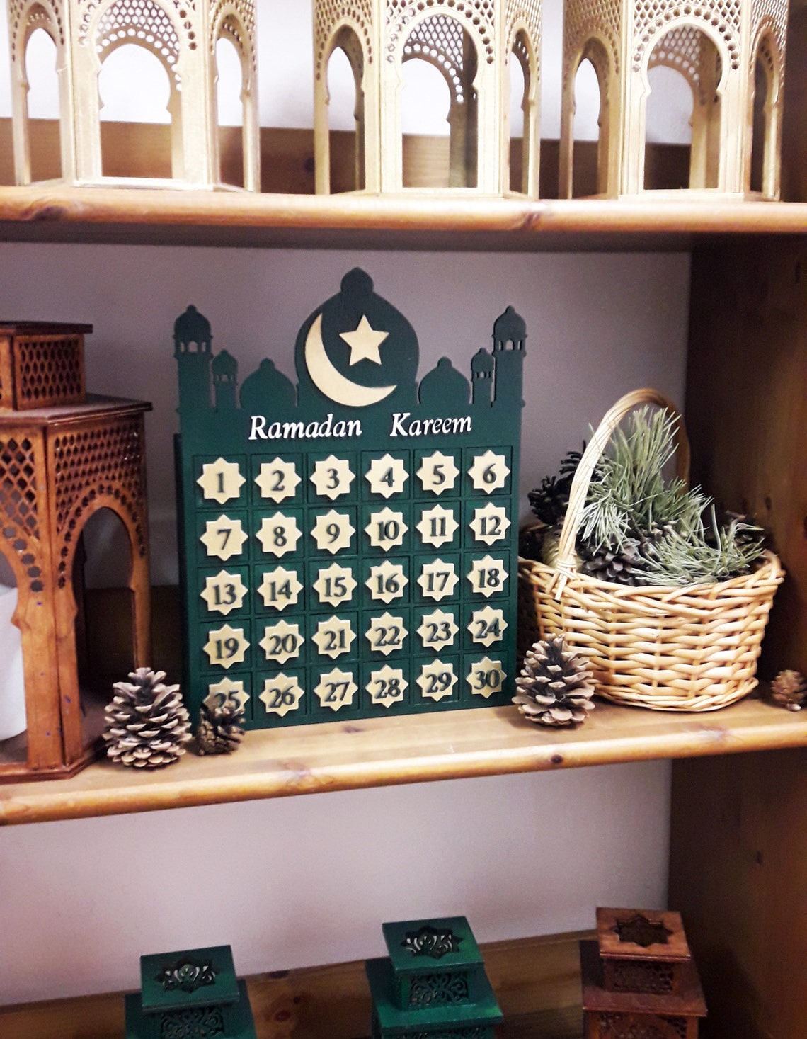 NEW! Ramadan Calendar Wooden Box for Candies. Dark Green and Golden ...