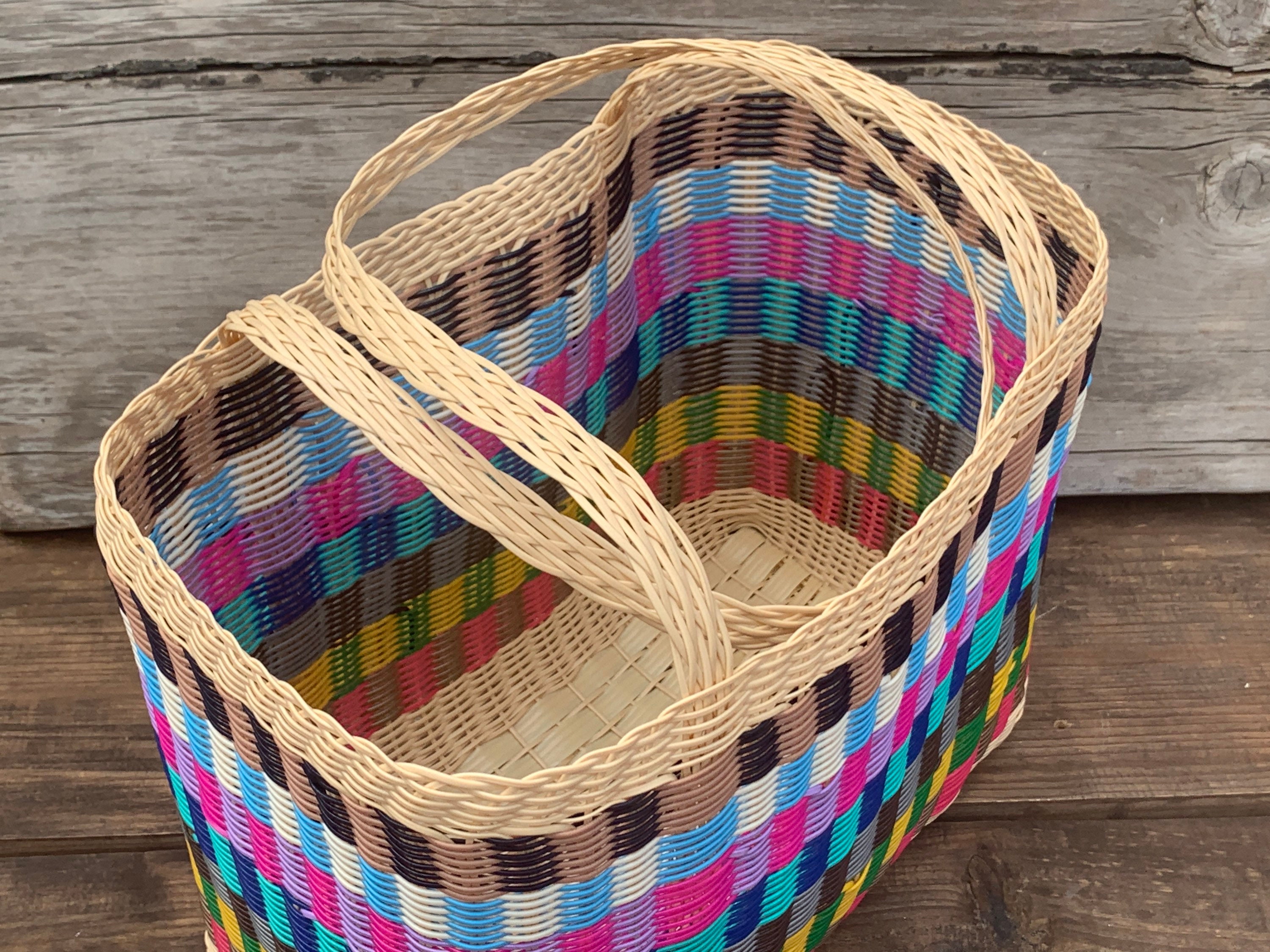 Picnic Woven Guatemalan Cream Mosaic Plastic Market Basket - Etsy