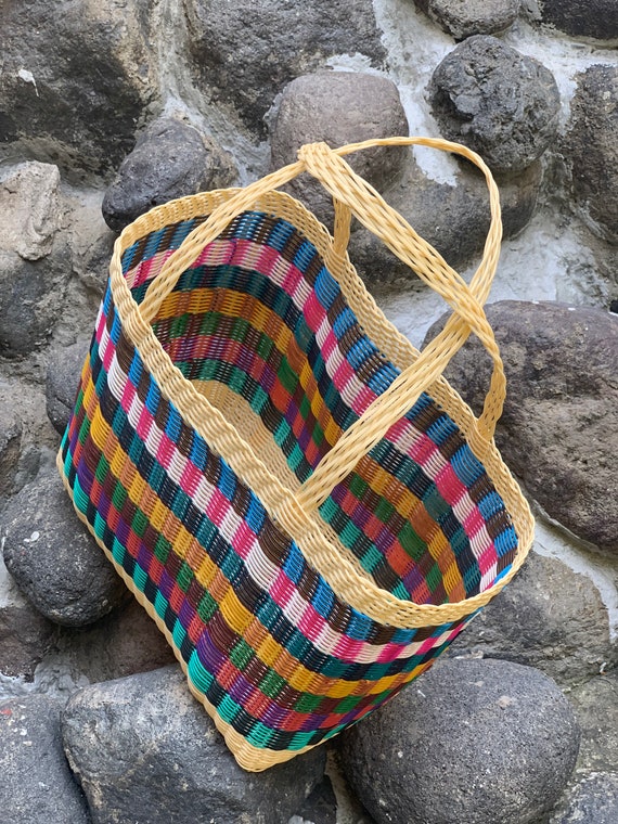 Picnic Woven Guatemalan Cream Mosaic Plastic Market Basket | Etsy