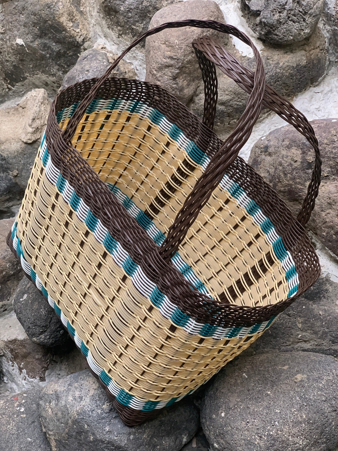 Brown Beach Basket Woven Guatemalan Colorful Plastic Market | Etsy