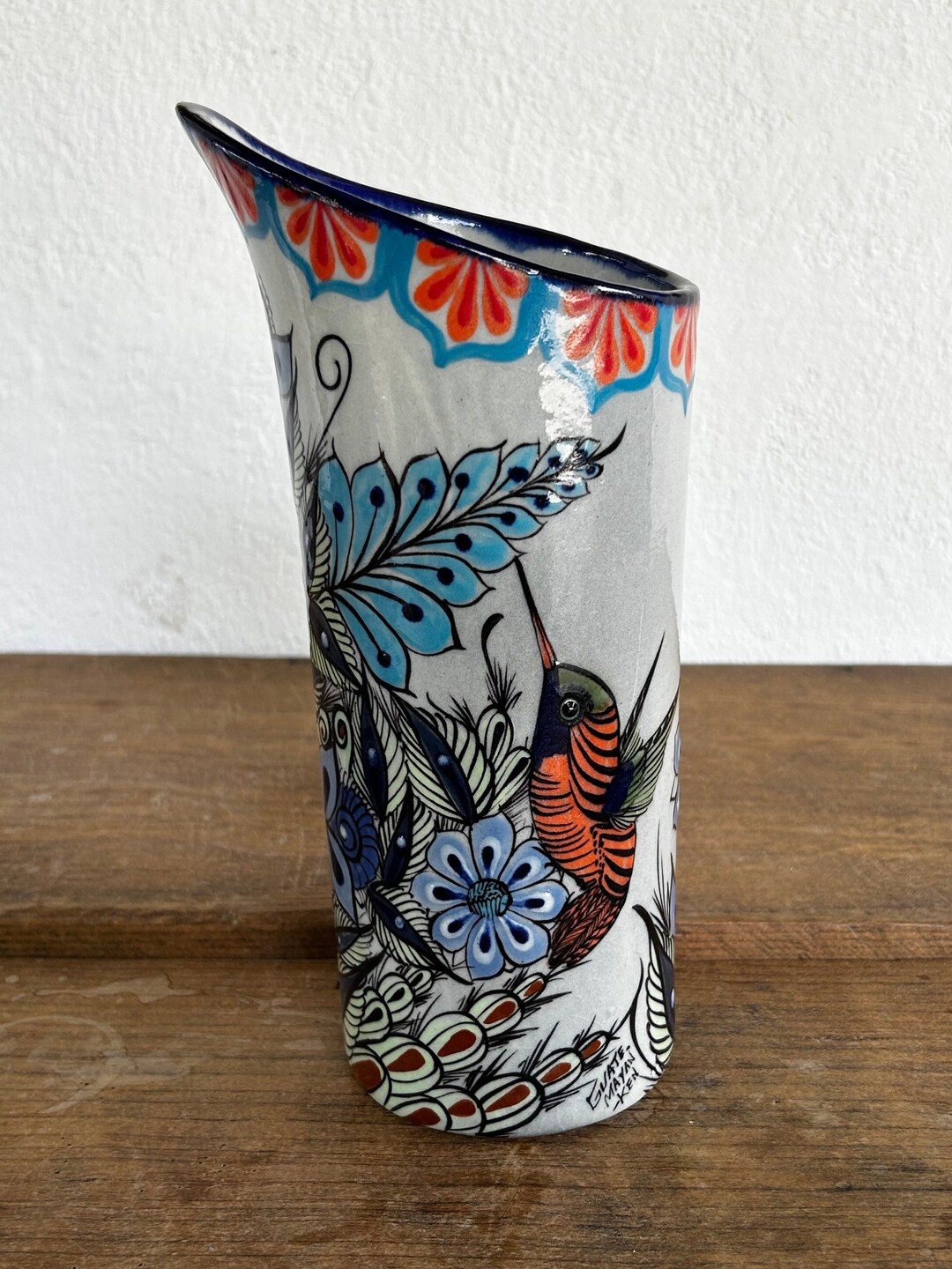 Angle Pointed Edge Vase W/ Hummingbird. Guatemalan Handpainted Lead ...