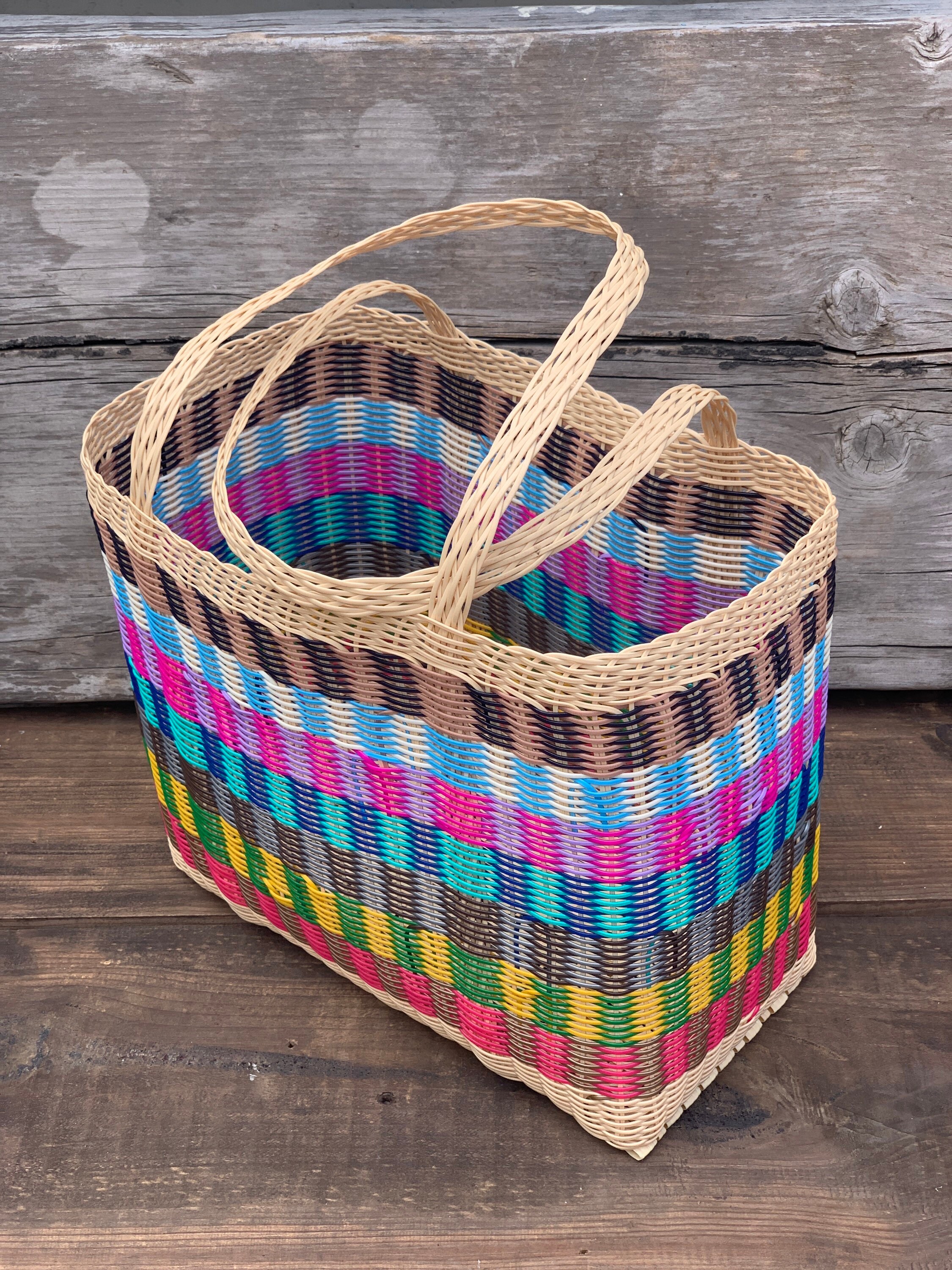 Picnic Woven Guatemalan Cream Mosaic Plastic Market Basket - Etsy