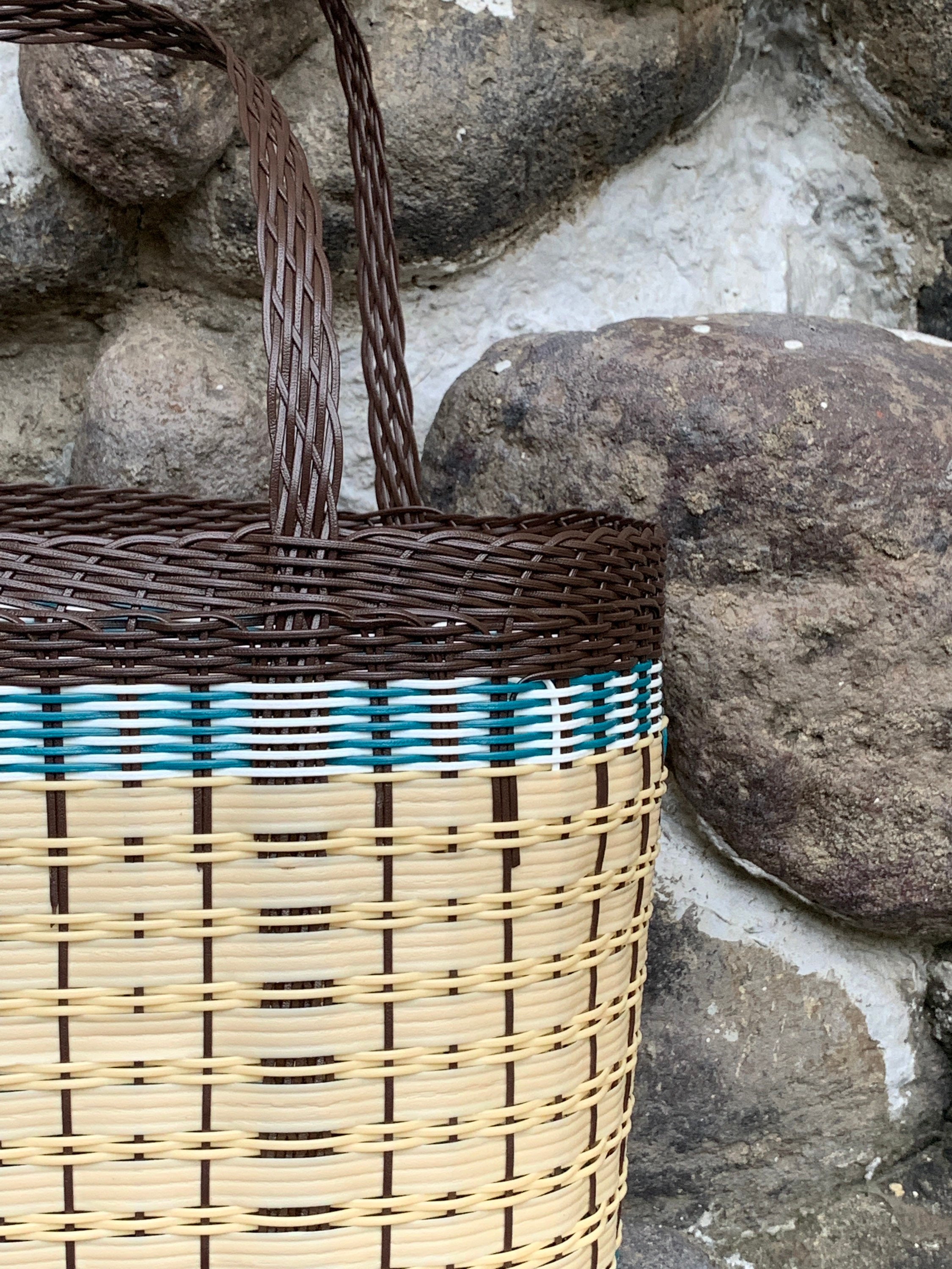Brown Beach Basket Woven Guatemalan Colorful Plastic Market | Etsy