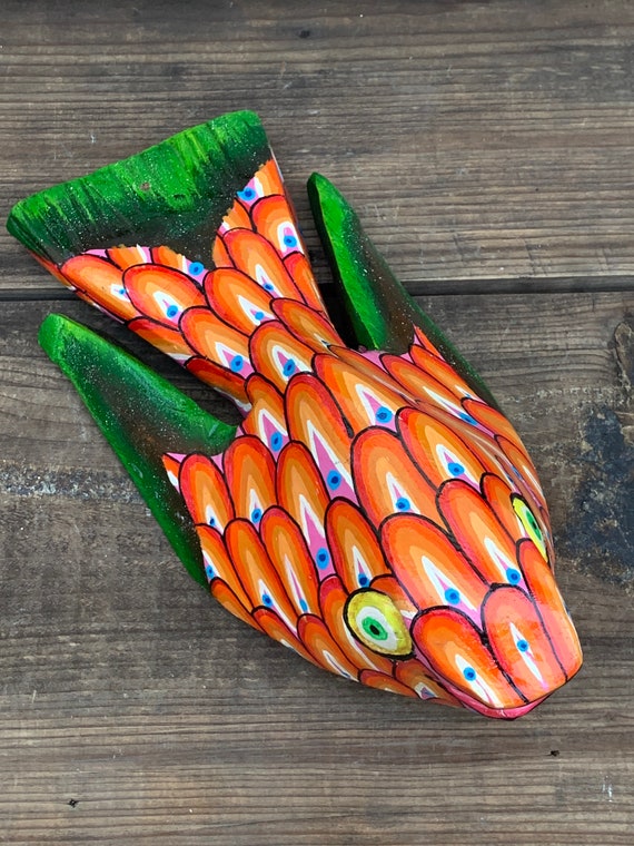 Tribal Mask Intervened Orange Green Fish Mask Carved Mask - Etsy