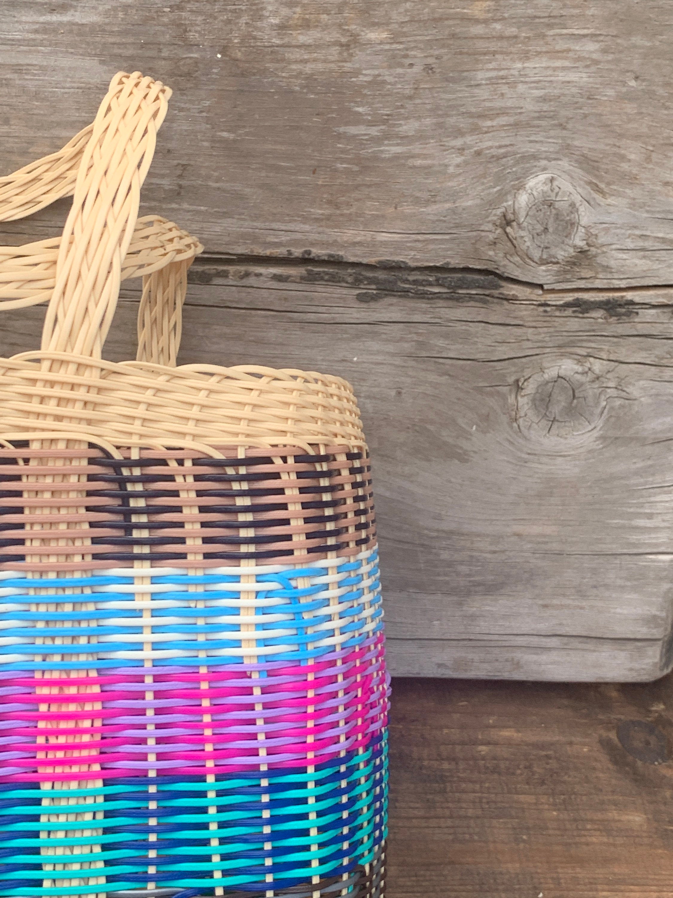 Picnic Woven Guatemalan Cream Mosaic Plastic Market Basket - Etsy