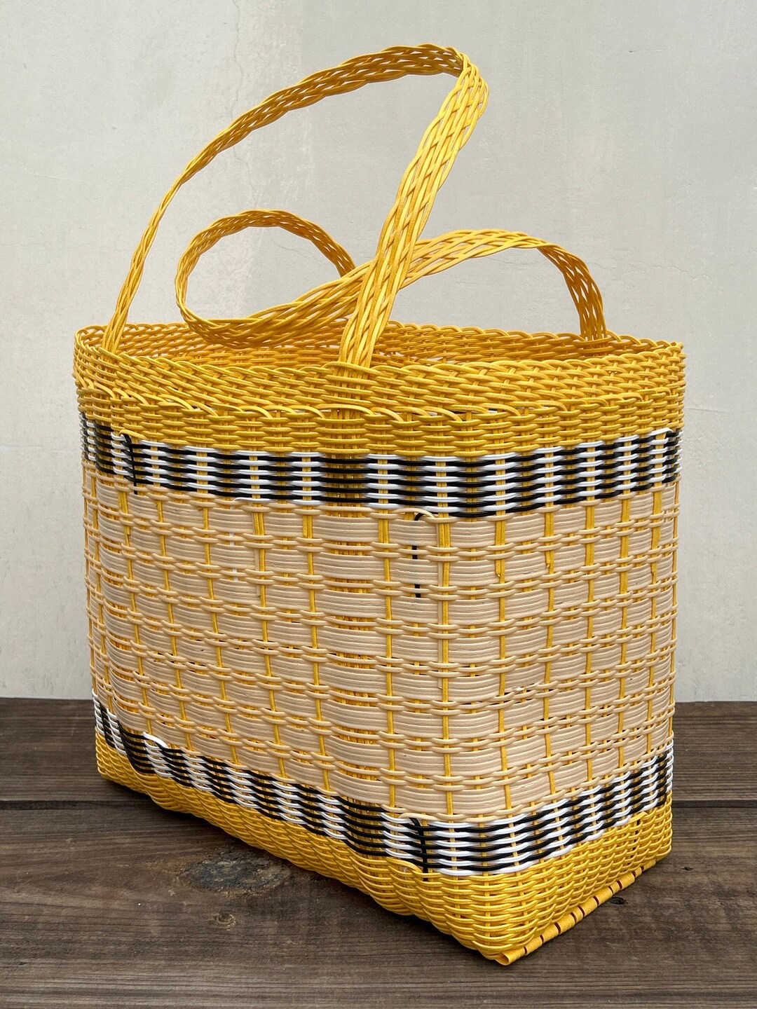 Woven Guatemalan Yellow and Cream Plastic Market Basket Strong ...