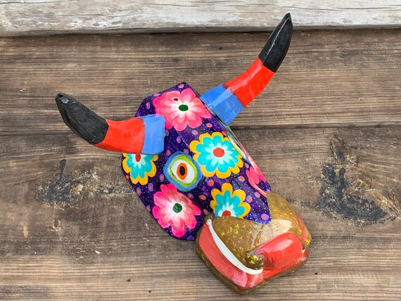 Purple and Yellow Bull Mask Hand-carved Hand-painted From - Etsy