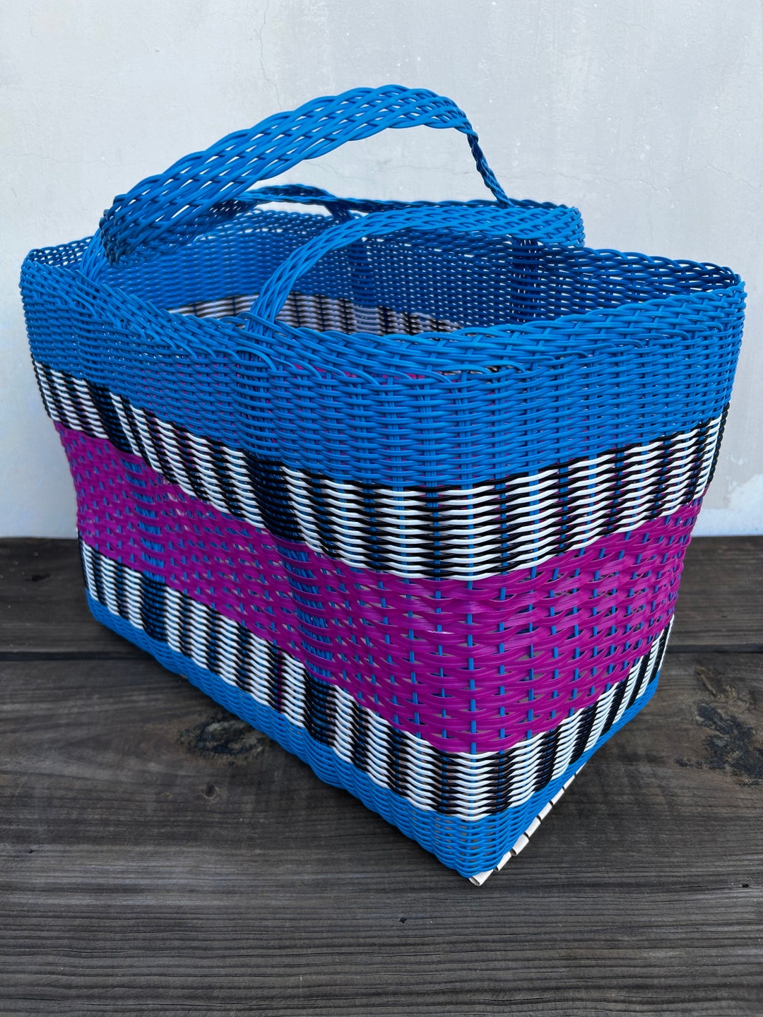 LARGE Woven Guatemalan Fucsia Pink Sky Blue Brown Plastic Market Basket ...
