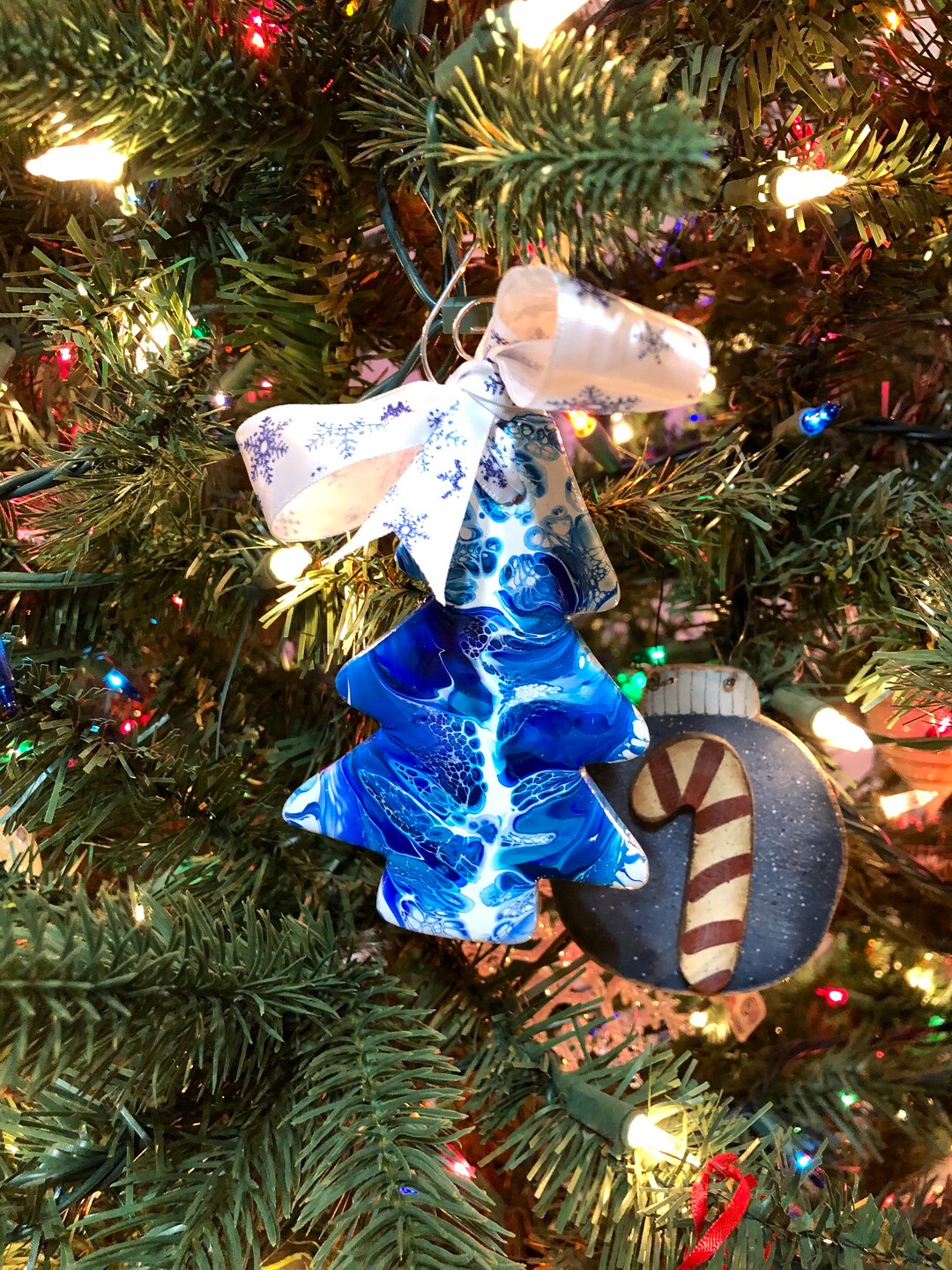 4" Cold Blue Christmas Tree Ornament / Acrylic Pour Ornament / Abstract ...