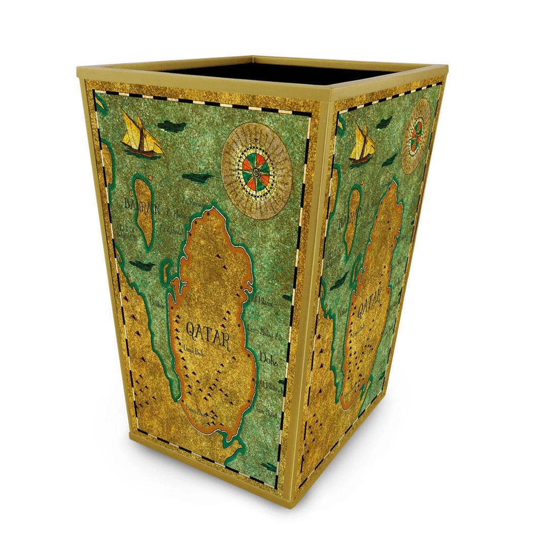 Arabic Trash Can - Old Map Qatar Arab Sea - Personalized Wooden Trash ...
