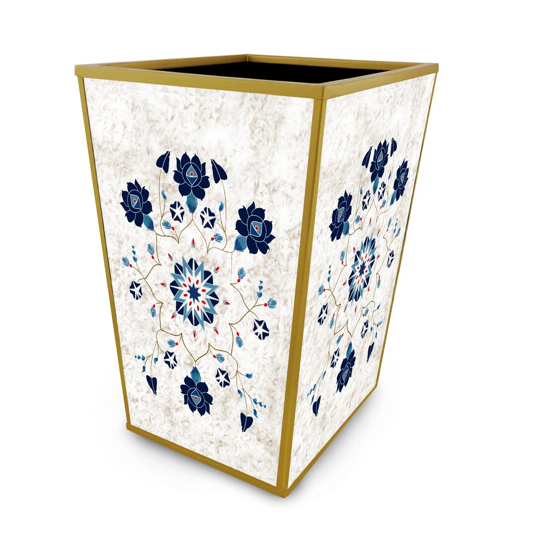 Decorative Trash Bin Blue Flowers on White Marble Background Handmade ...