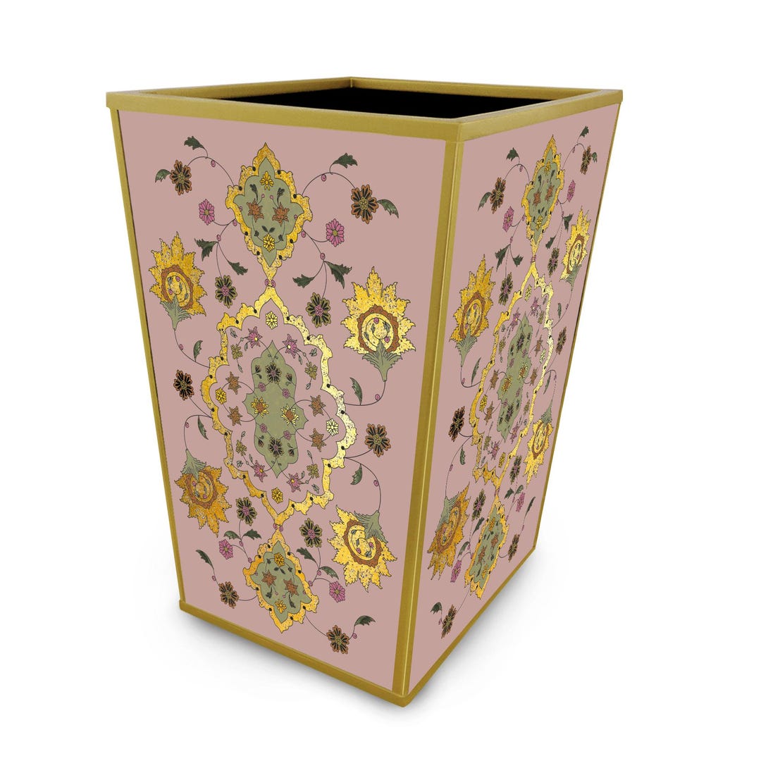 Decorative Trash Can Golden Leaves With Old Rose Background Handmade ...