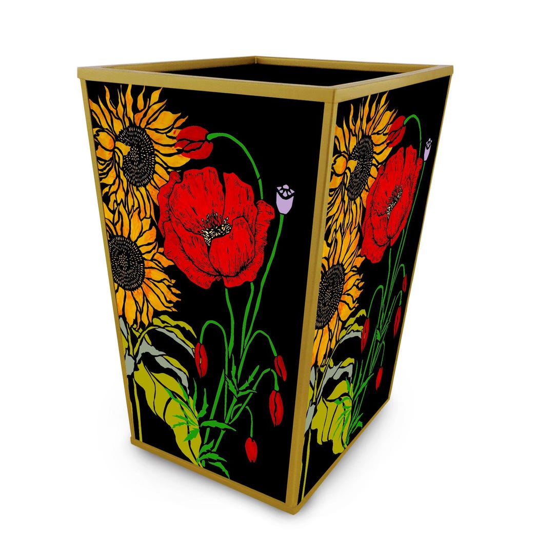Poppy Waste Basket - Sunflower and Poppy Décor - Personalized Wooden ...