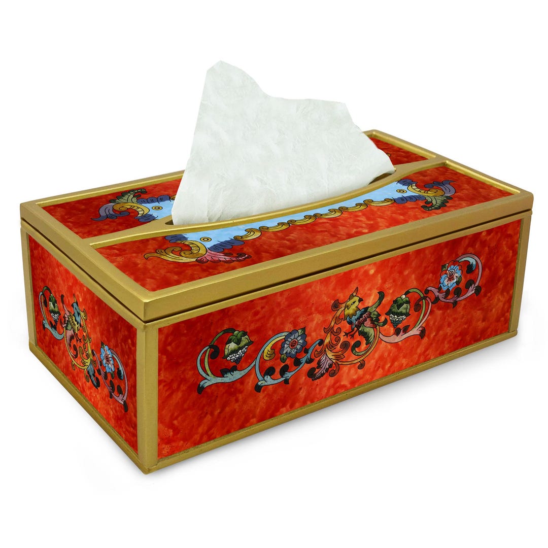 Glass Tissue Box – Baroque Birds – Hand-painted Red Birds Tissue Box ...