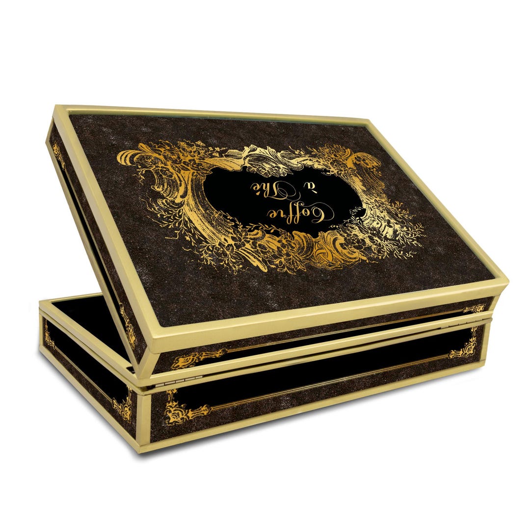 Tea Box Wood - Black and Gold Classical Flower Design - Decorative Tea ...