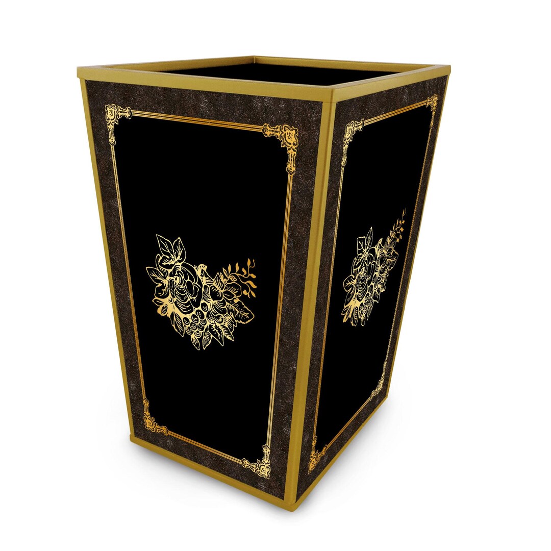 Garbage Bin Black and Gold Classical Flower Design Handmade Decorative ...