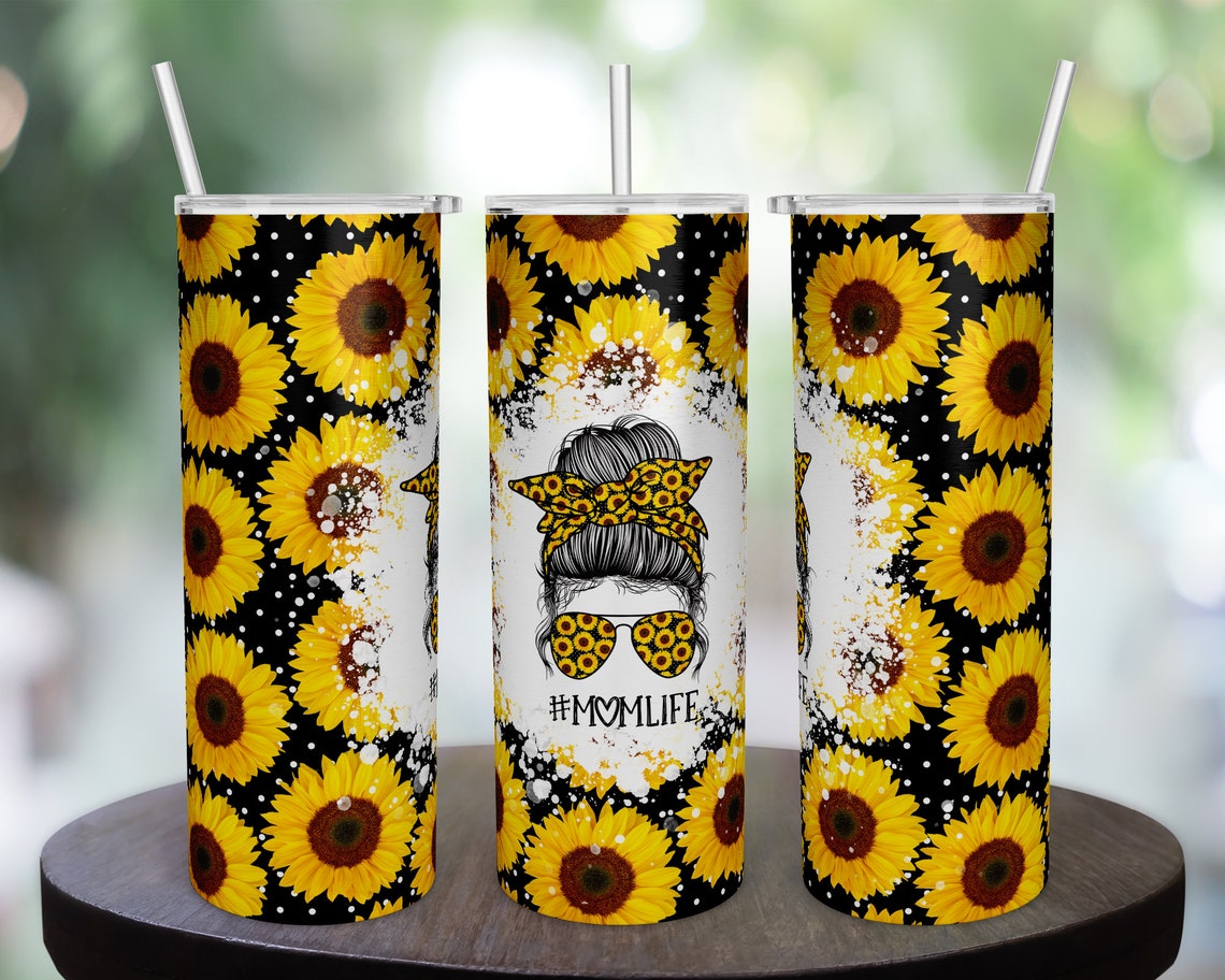 Sunflower Momlife Messy Bun 20 Oz Skinny Tumbler With Metal Etsy