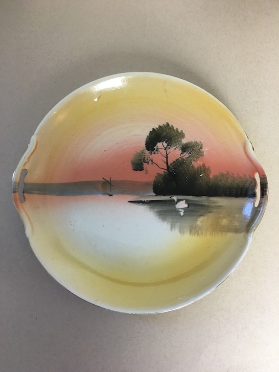 Vintage Japanese Orange Sunset Serving Plate Lake Landscape | Etsy