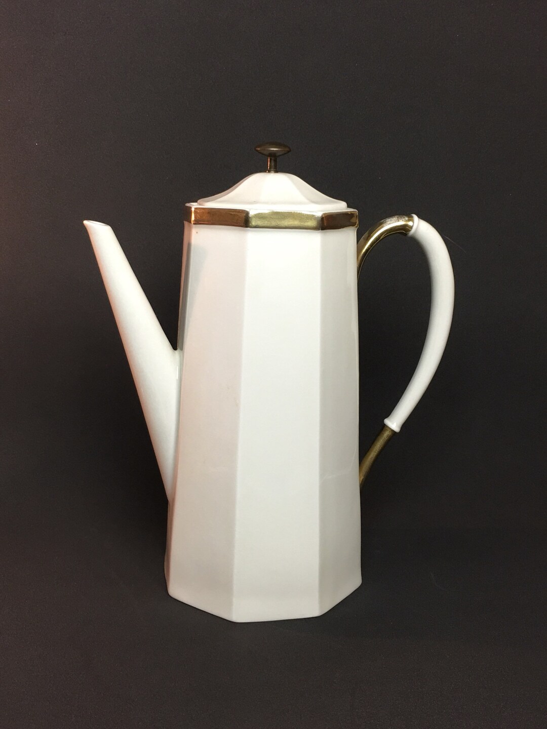 Rare Vintage Extra Tall Ceramic Coffee Pot White With Gold Trim Made in ...