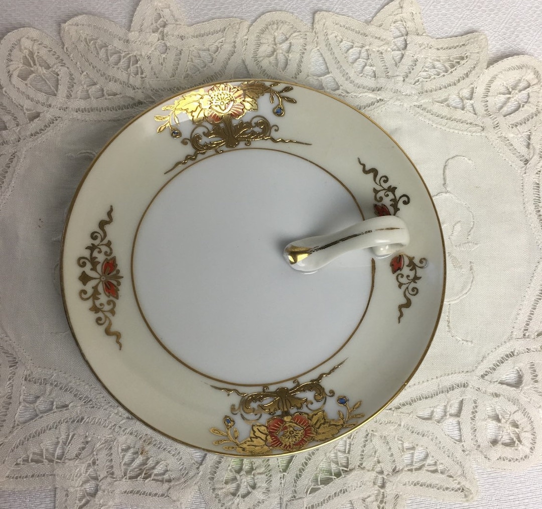 Noritake Red Mark Nippon Porcelain Handle Plate Tray Gold Moriage Cream ...