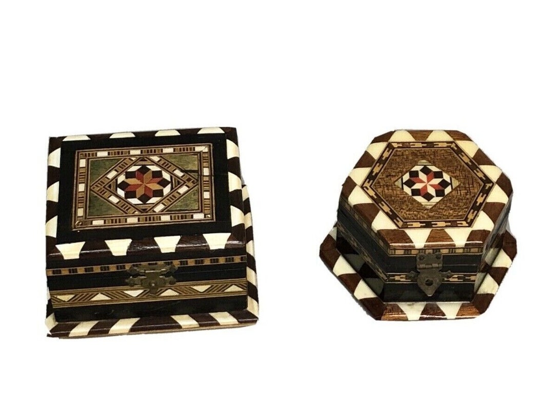 Set 2 Small Hinged Trinket Wooden Boxes Inlay Design Lacquer Red Felt ...