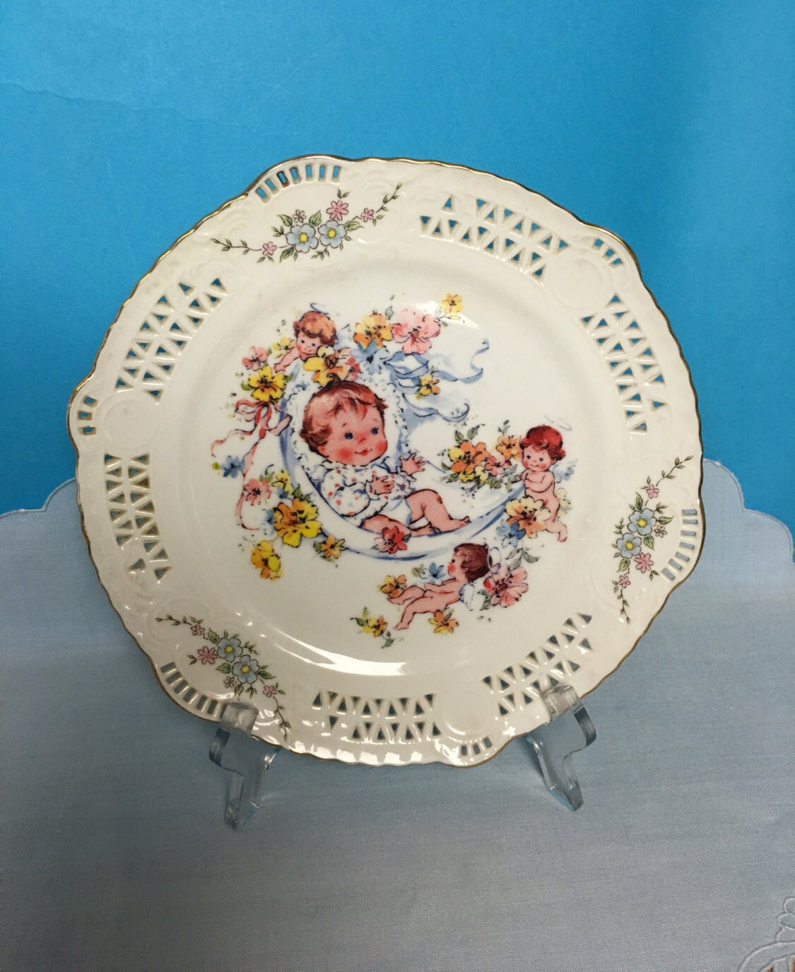 Unique Ceramic Plate With Lattice Rim Baby Boy and Cherubs by - Etsy