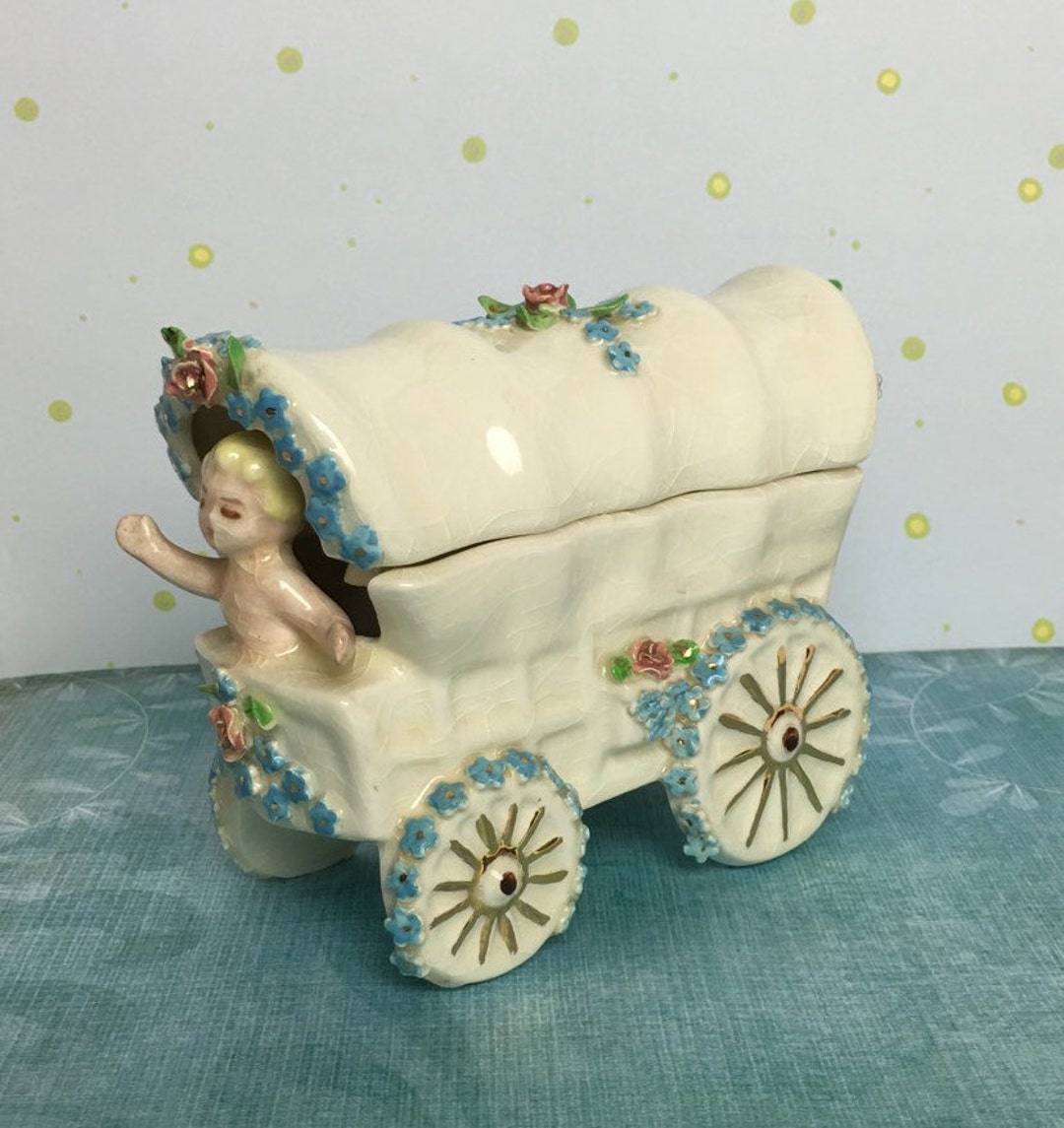 Unique Vintage Porcelain Covered Wagon Candy or Cotton Box With Lid ...