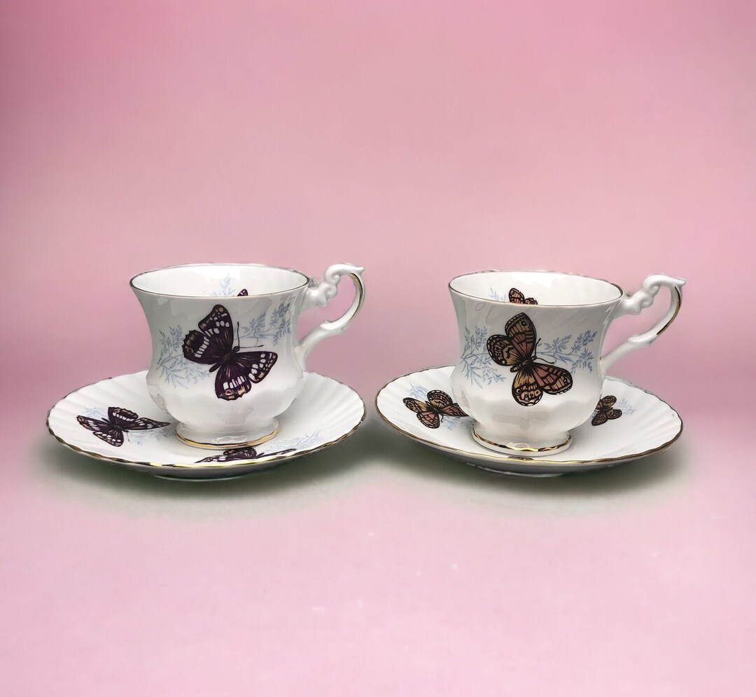 Set of 2 Royal Dover Bone China Teacup and Saucer Set Butterfly Motif ...