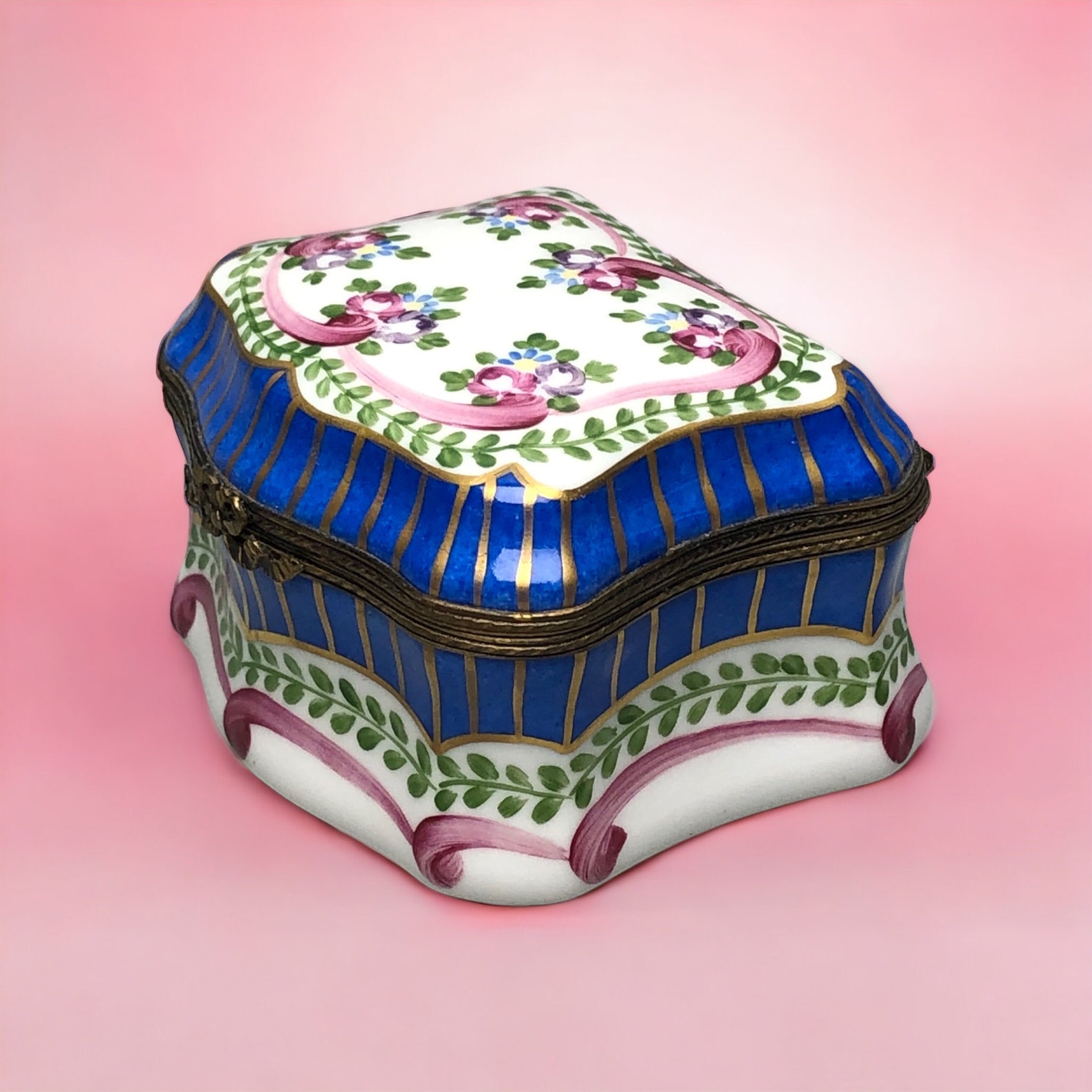 Large 3x2x2 Limoges Pill Box Trinket Box Hand Painted Blue Gold Pink ...