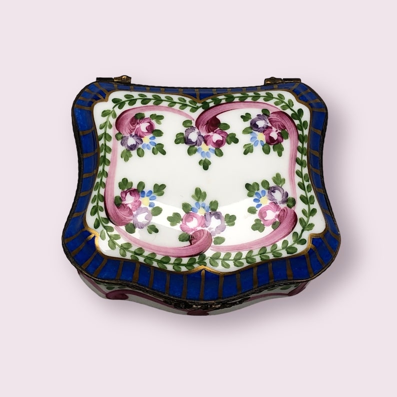 Large 3x2x2 Limoges Pill Box Trinket Box Hand Painted Blue Gold Pink ...