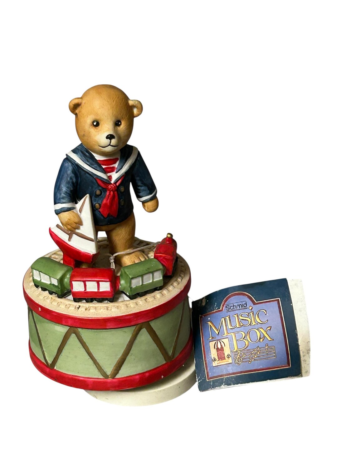 1984 Bear Schmid Music Box Boy Bear Stands on Drum With Train and ...