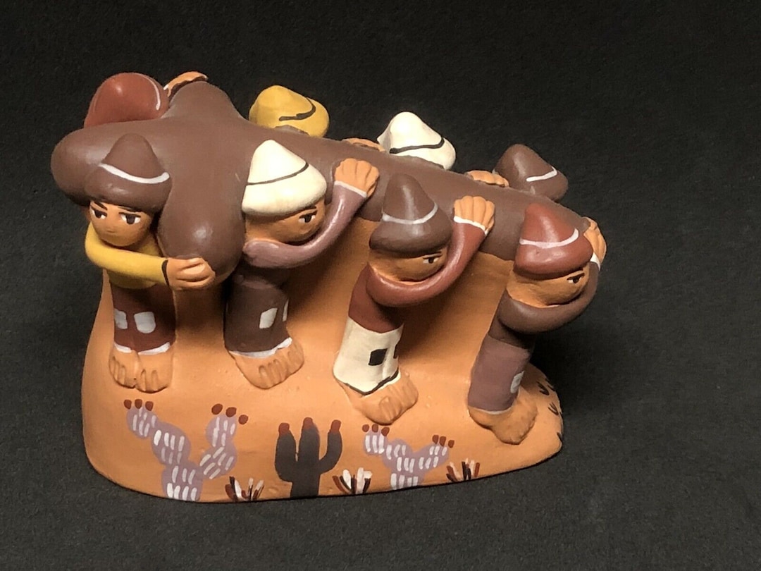 Rare Clay Figurine Peru 8 Men Carry Cross Cactus Handmade Folk Art ...