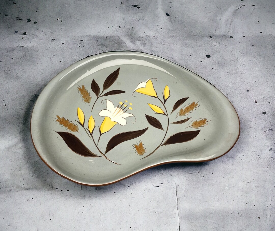 STANGL Pottery Golden Harvest Kidney Shaped Tray Lily Flowers 50s Blue ...