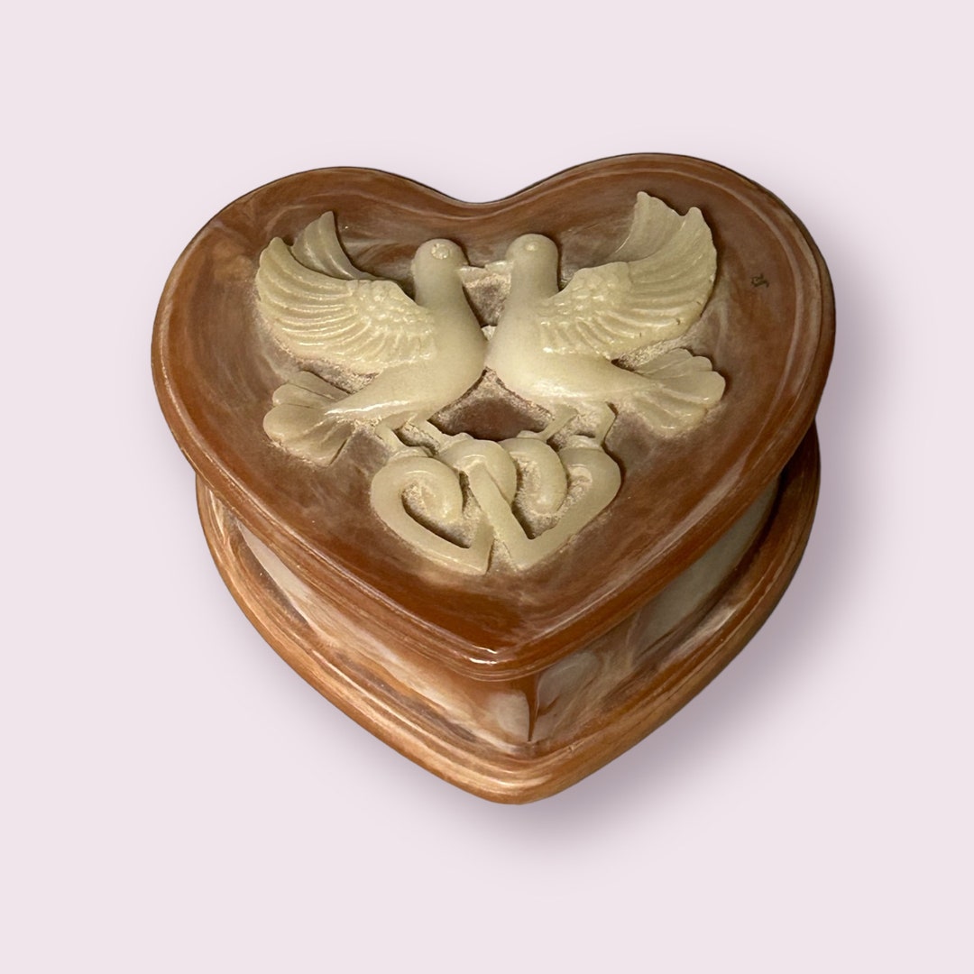 Incolay Stone Handcrafted Pink Heart Shaped Jewelrytrinket Box 2 Doves ...
