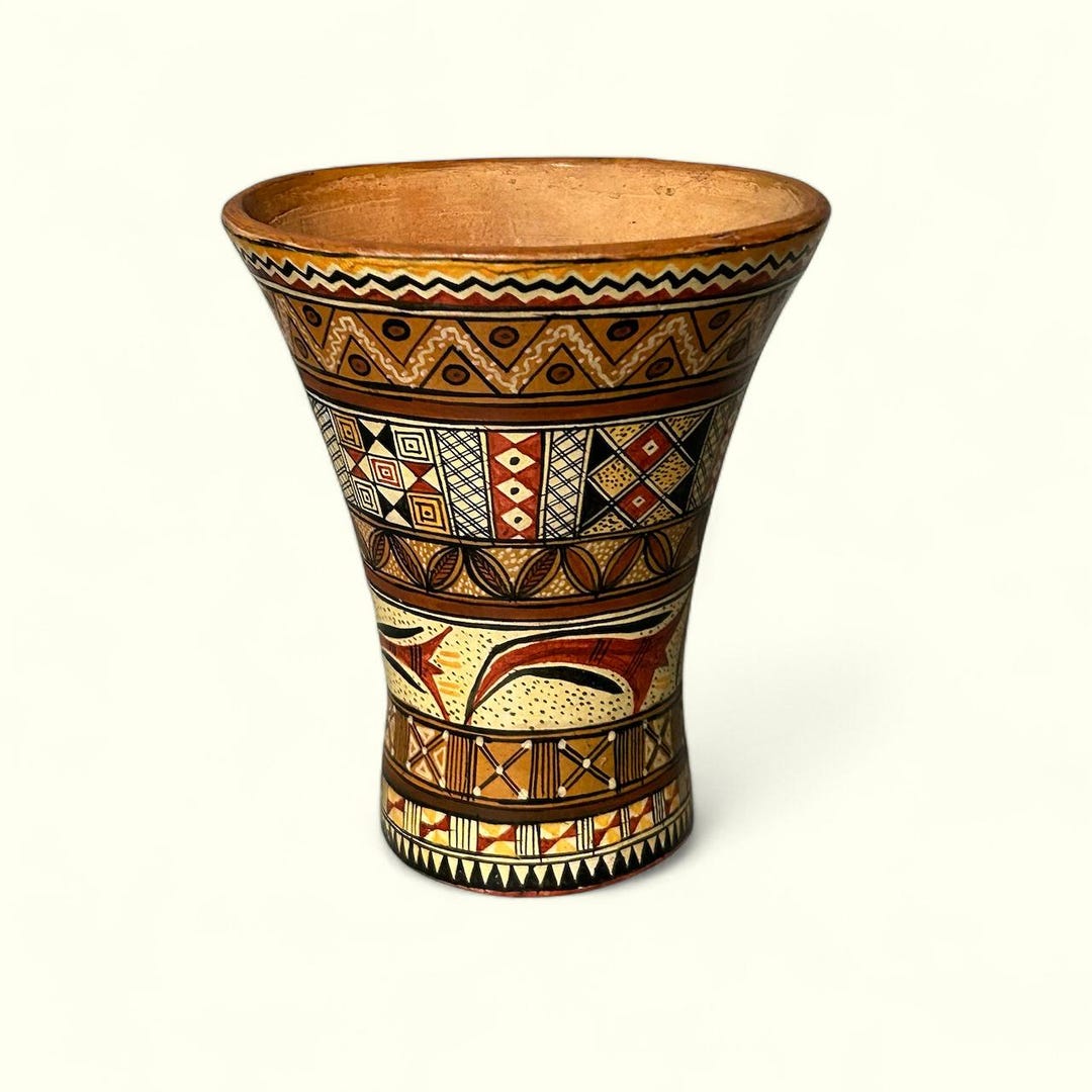 Hand Crafted Peruvian Clay 5.5" Vase Geometric Design Earth Tone Boho ...
