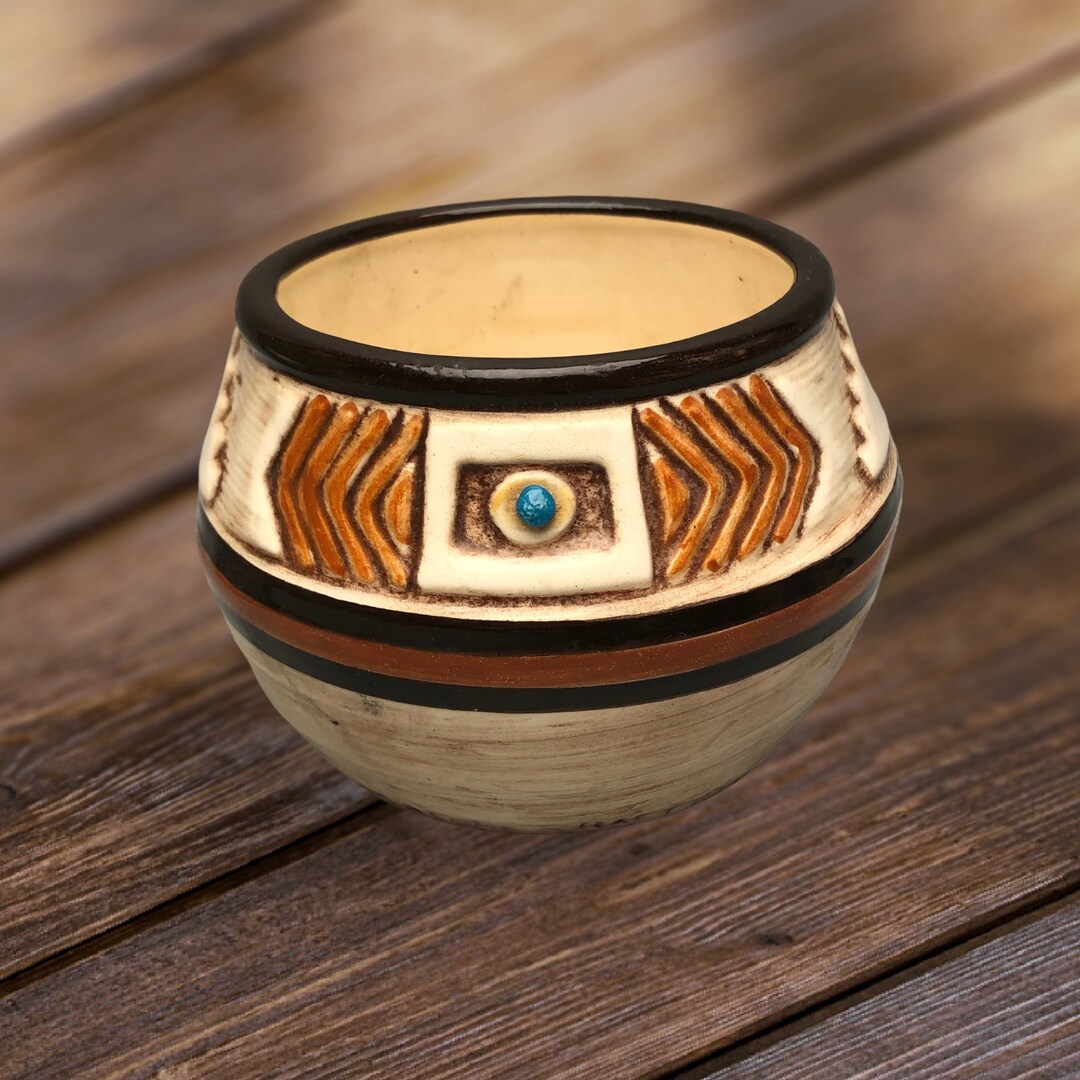 Treasure Craft Ceramic Pot Aztec Southwestern Design Faux Turquoise ...
