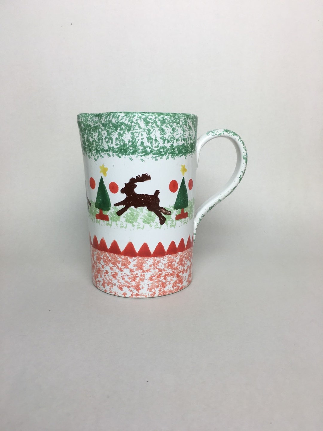 Tall Spongeware Pottery Pitcher Red Green Christmas Tree Reindeer ...