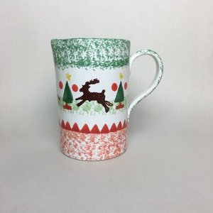 Tall Spongeware Pottery Pitcher Red Green Christmas Tree Reindeer ...